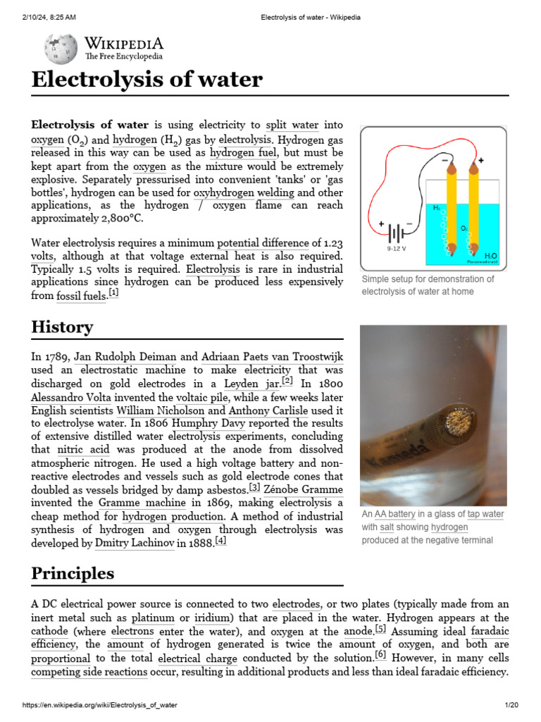 Electrolysis of water - Wikipedia | PDF | Electrolyte | Chemical Substances
