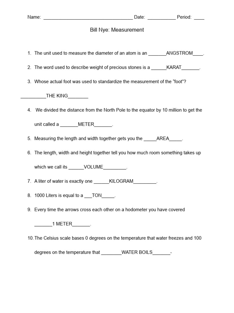 Bill Nye Measurement KEY (2) - 1 | PDF | Science & Mathematics
