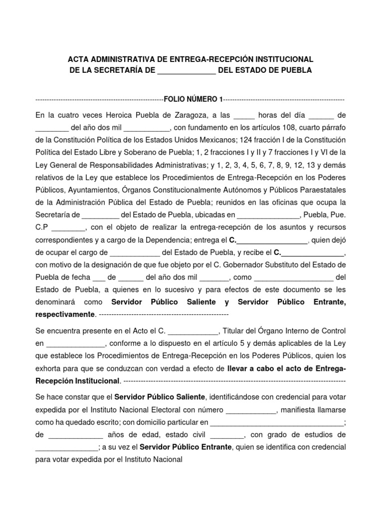 Modelo Acta Entrega Recepción Institucional Dependencias y Entidades ...