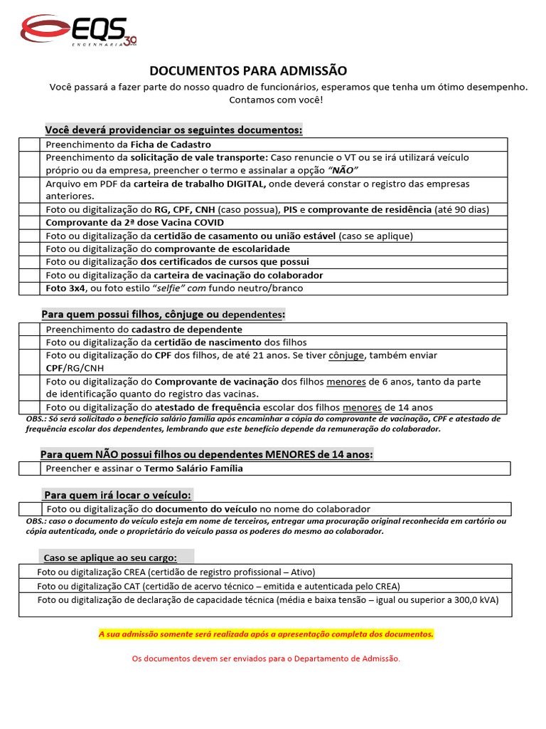 Etapa I - Lista de Documentos Necessários para Admissão | PDF
