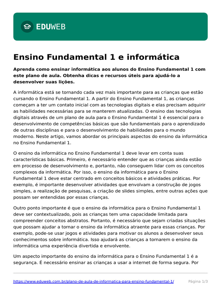 Plano de Aula de Informatica para Ensino Fundamental 1 | PDF | Internet ...