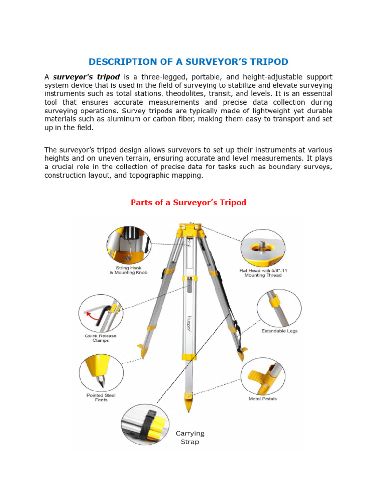 Surveyor's Tripod: Parts and Functions | PDF | Surveying | Manufactured ...