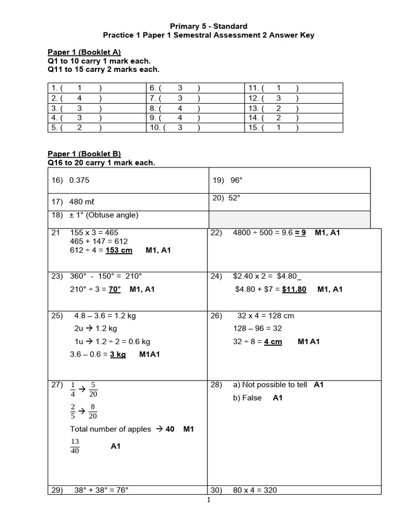 Primary 5 Semestral Assessment Answer Key | PDF