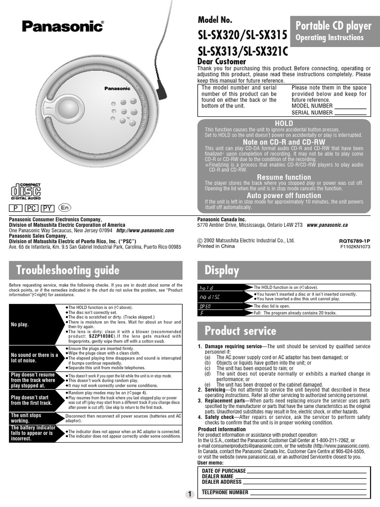 Panasonic SL-SX320 Portable CD Player Manual | PDF | Ac Power Plugs And ...