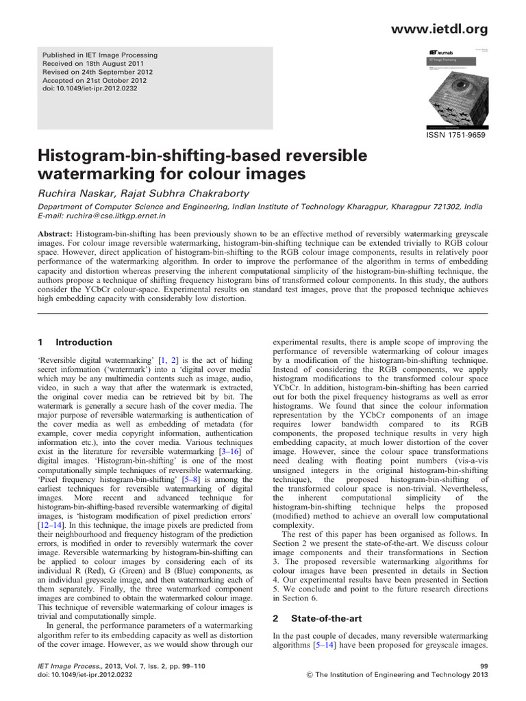 IET Image Processing - 2013 - Naskar - Histogram Bin Shifting Based Reversible Watermarking For ...