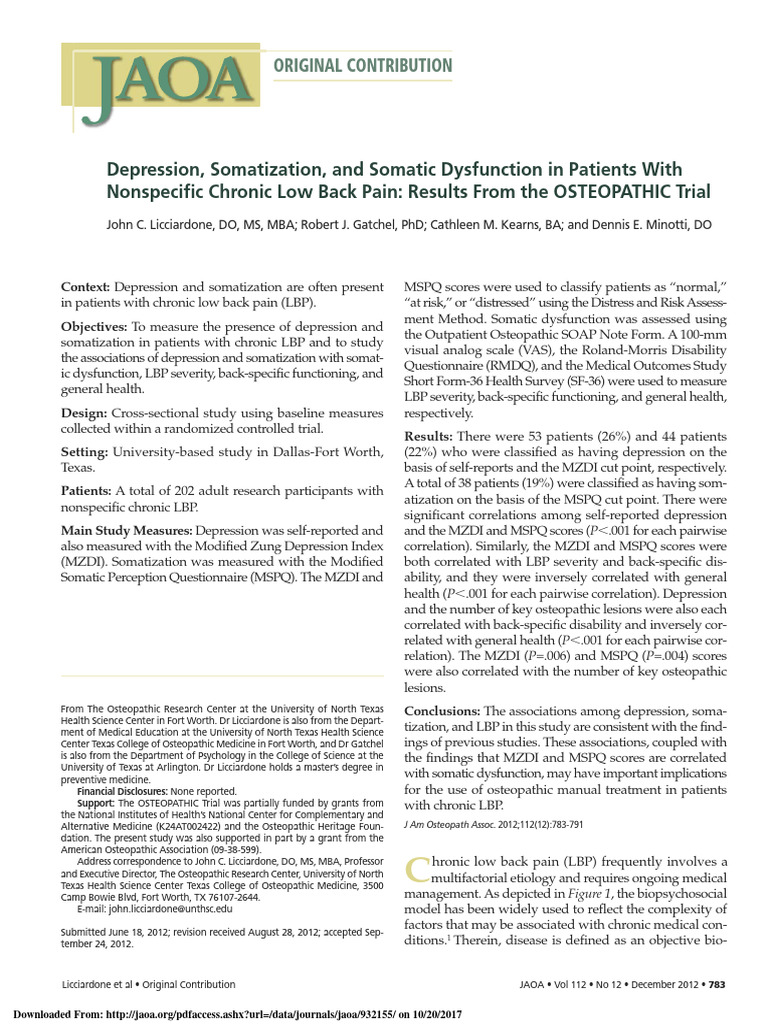 Depression, Somatization, and Somatic Dysfunction in Patients With ...