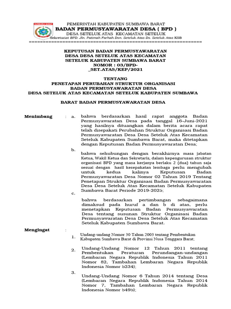 SK Perubahan Struktur Organisasi BPD Tahun 2021 | PDF