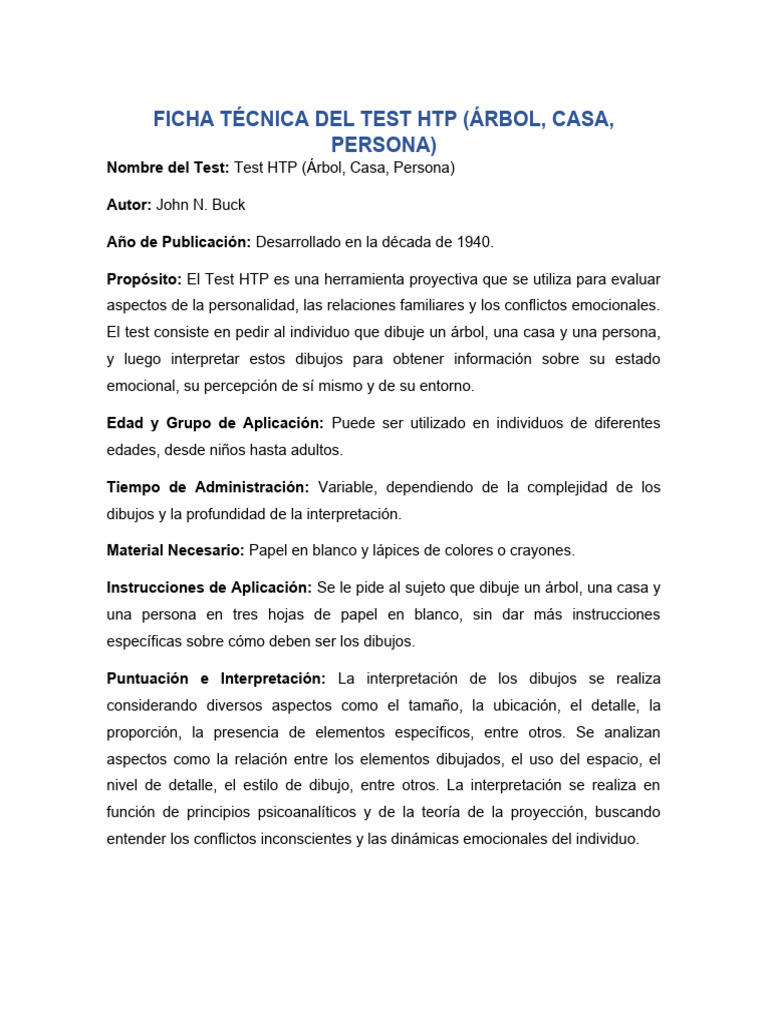Ficha Técnica Del Test HTP | PDF | Las emociones | Sicología