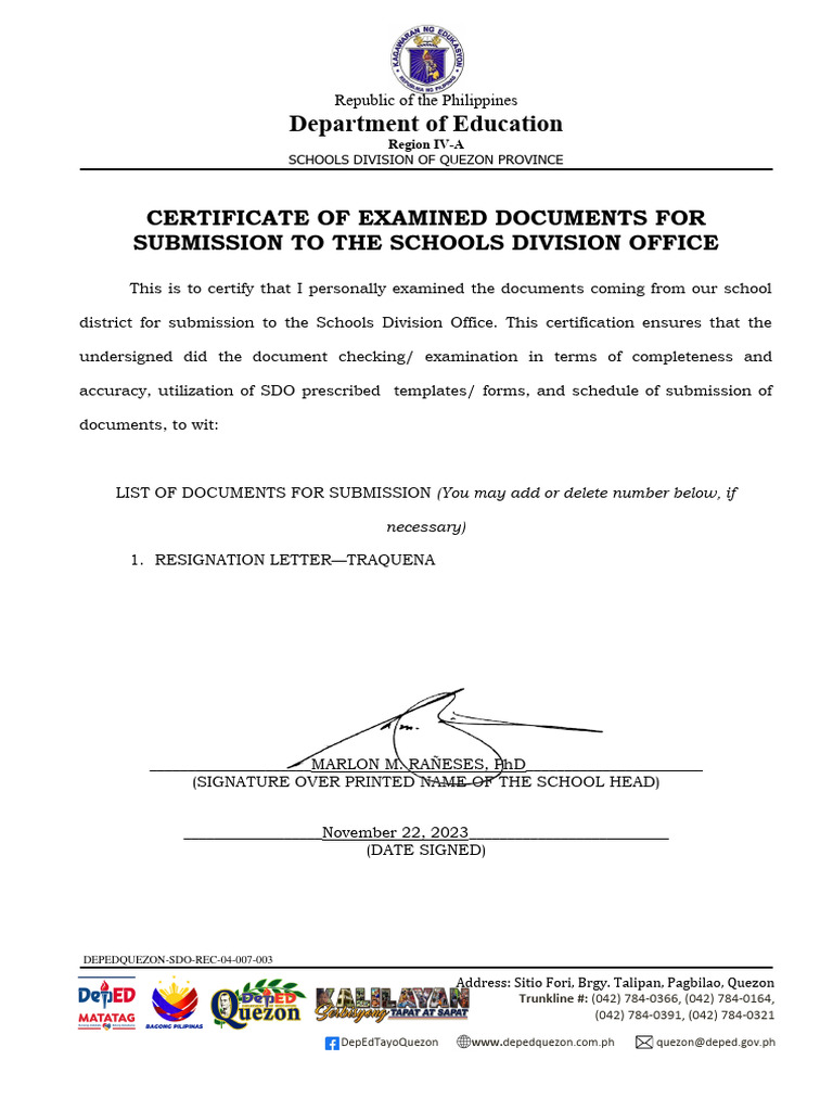 Certificate of Examined Documents | PDF