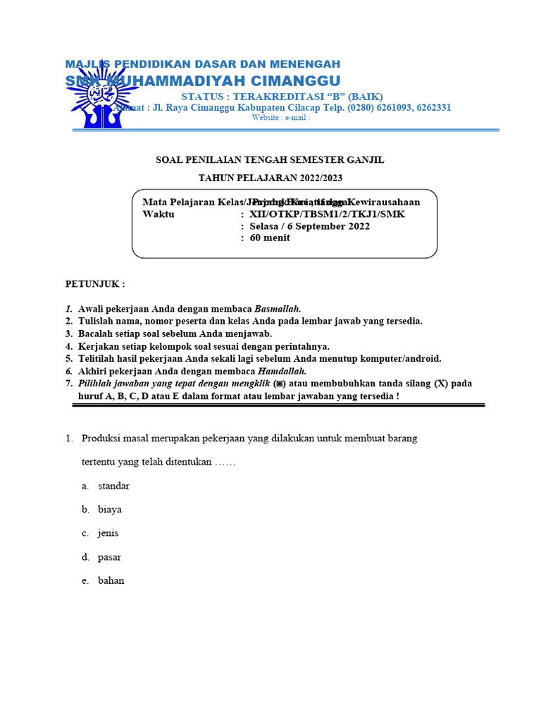 Xii Soal PTS Ganjil - PKK | PDF