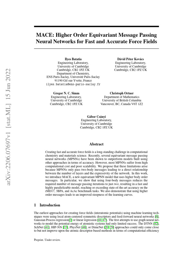 Batatia et al. - 2022 - MACE Higher Order Equivariant Message Passing ...