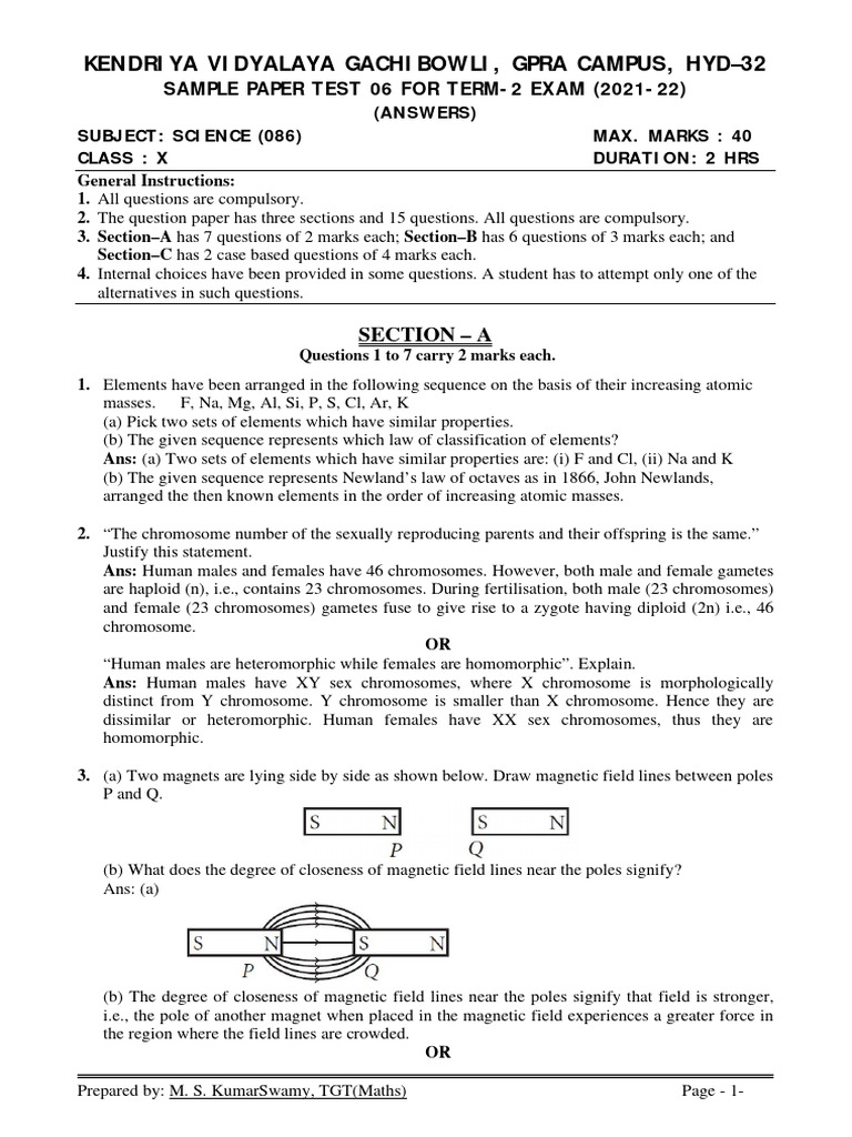 Science Class X Term 2 Sample Paper Test 06 2021 22 Answers | PDF ...