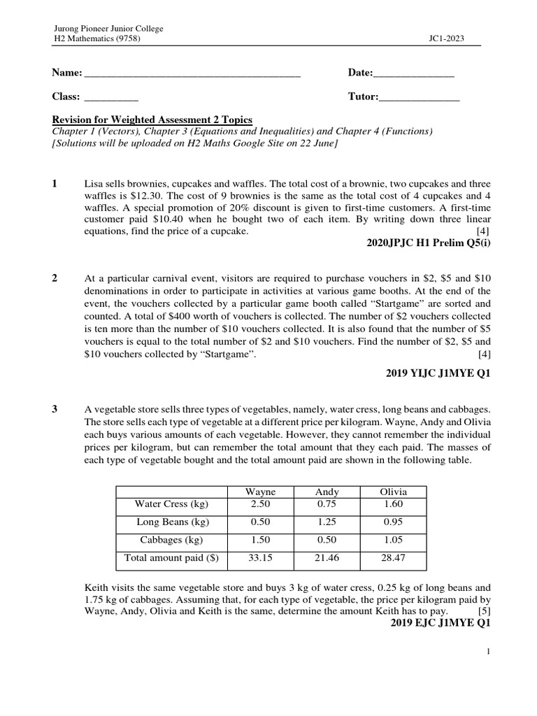 JPJC JC1 H2 Math Revision For WA2 Questions 2023 | PDF | Function ...