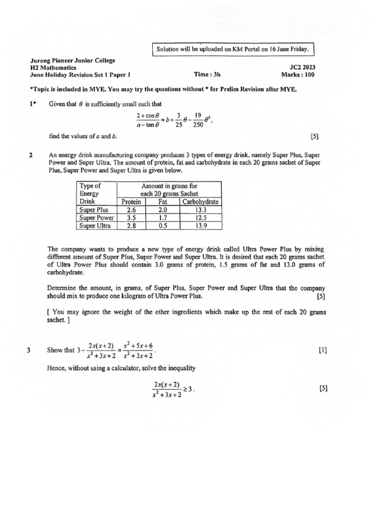 JPJC JC2 H2 Math June Hol Revision 2023 | PDF