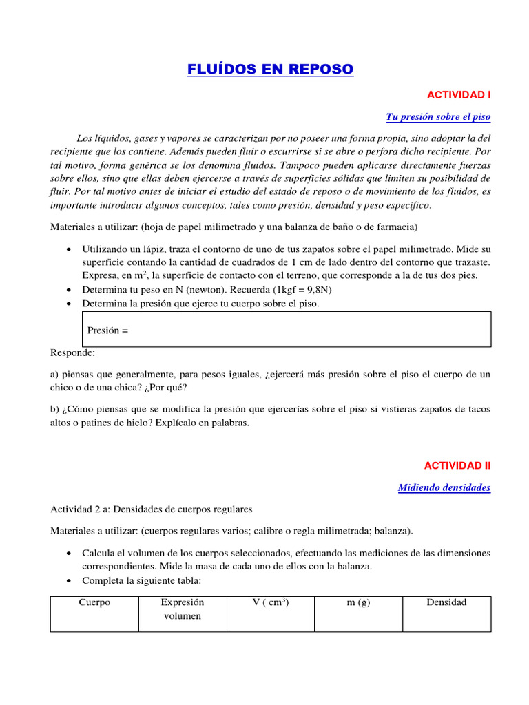 Fluidos en Reposo. Actividades | PDF | Densidad | Presión