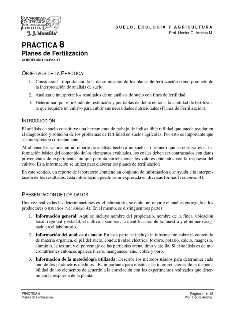 Pract 8 Planes de Fertilización (Corregido) | PDF | Fertilizante | Suelo
