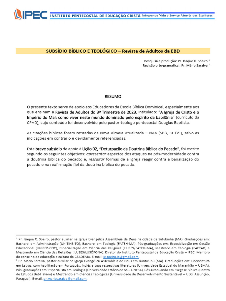 Lição 02 - A DETURPAÇÃO DA DOUTRINA BÍBLICA DO PECADO - IPEC | PDF ... Lição 02 - A DETURPAÇÃO DA DOUTRINA BÍBLICA DO PECADO - IPEC | PDF ...