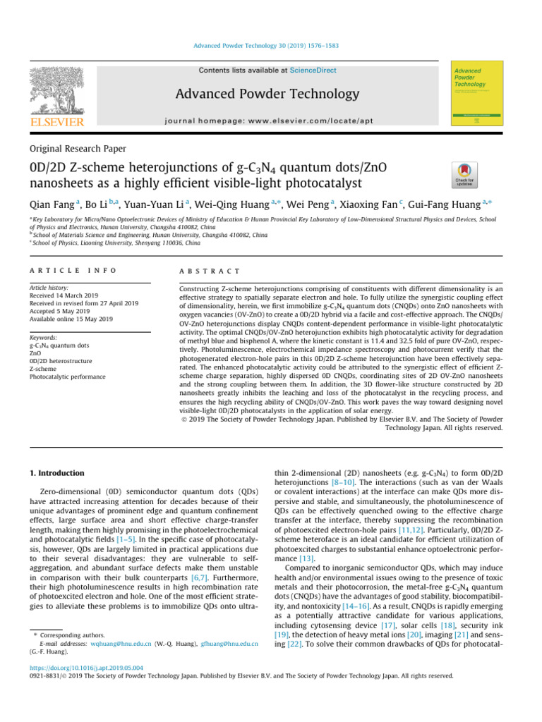 0D 2D Z-Scheme Heterojunctions of g-C3N4 Quantum Dots ZnO | PDF | Spectroscopy | Condensed ...