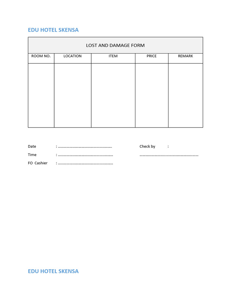 Hotel Lost and Damage Report Form | PDF | Finance & Money Management ...