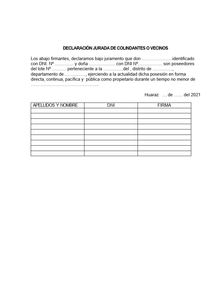 Declaración Jurada de Colindantes o Vecinos | PDF Declaración Jurada de Colindantes o Vecinos | PDF