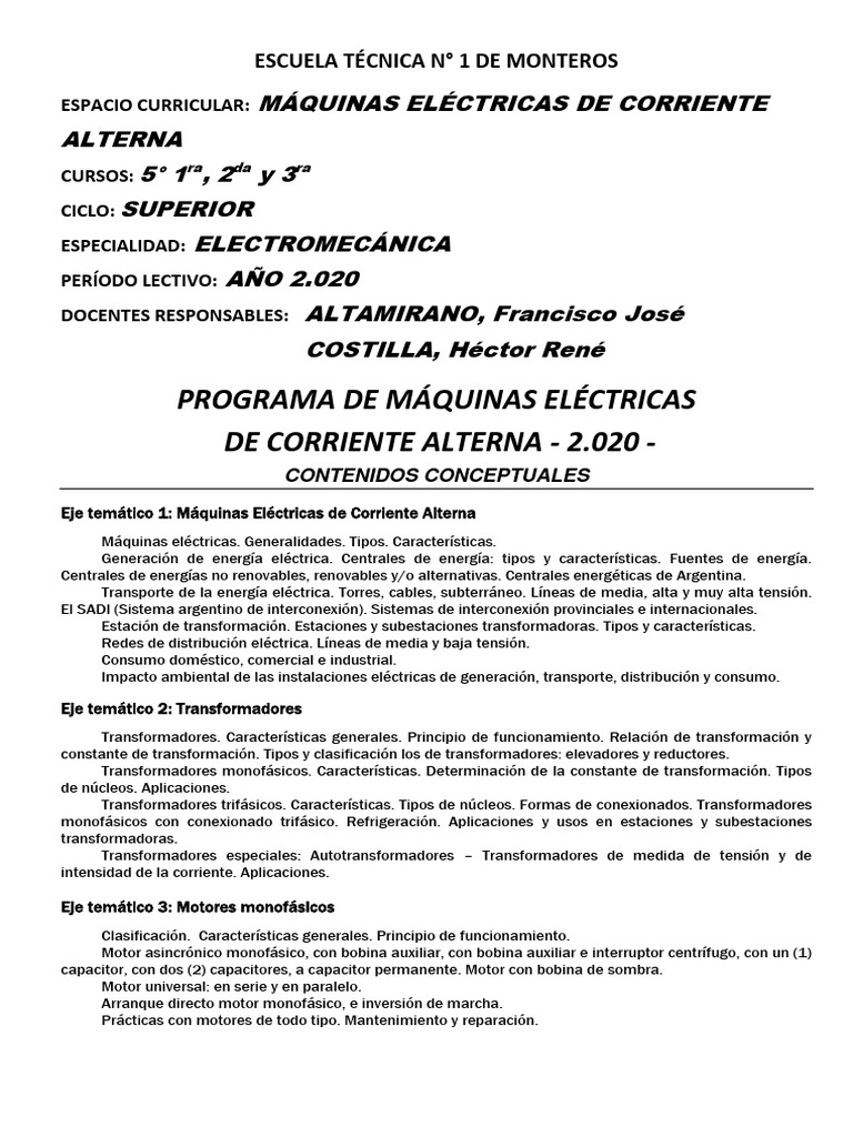 PROGRAMA DE MÁQ ELÉCTR DE CA 2020 | PDF | Transformador | Ingenieria Eléctrica