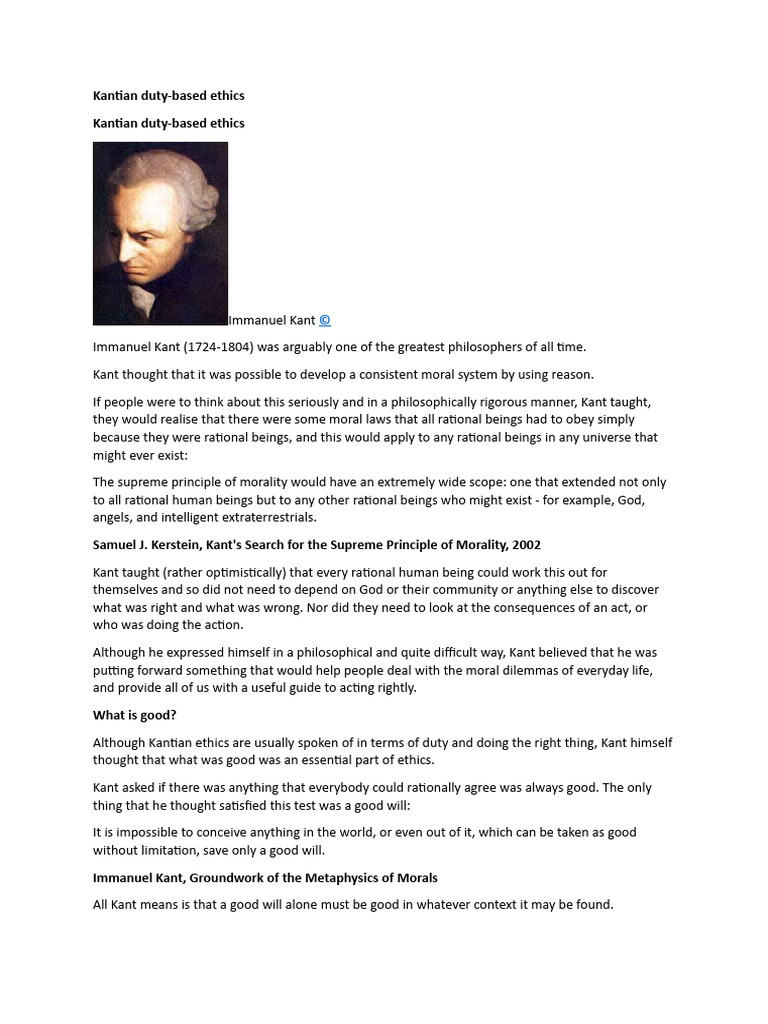 Duty Based Ethics | PDF | Immanuel Kant | Philosophical Theories