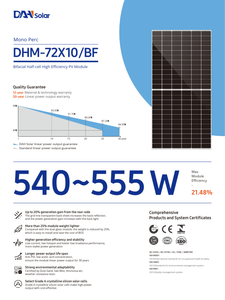 Dah Solar - DHM-72X10 BF 555W | PDF | Solar Cell | Photovoltaics