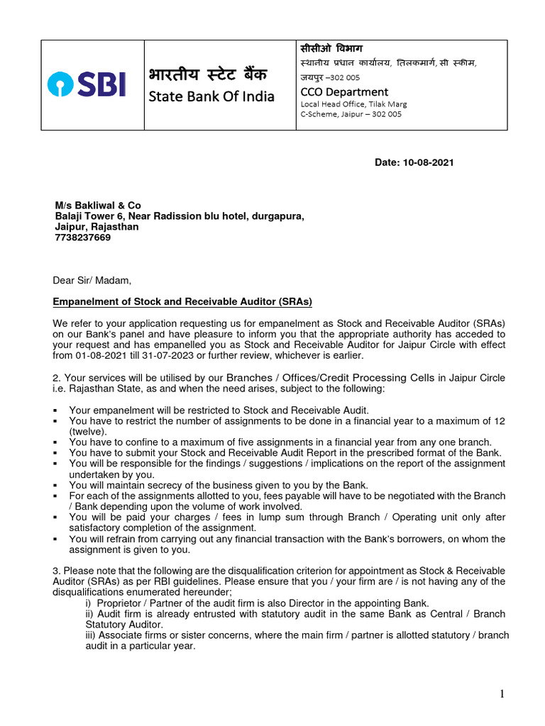 Sbi Stock Receivable Empanelment Letter | PDF | Audit | Banks
