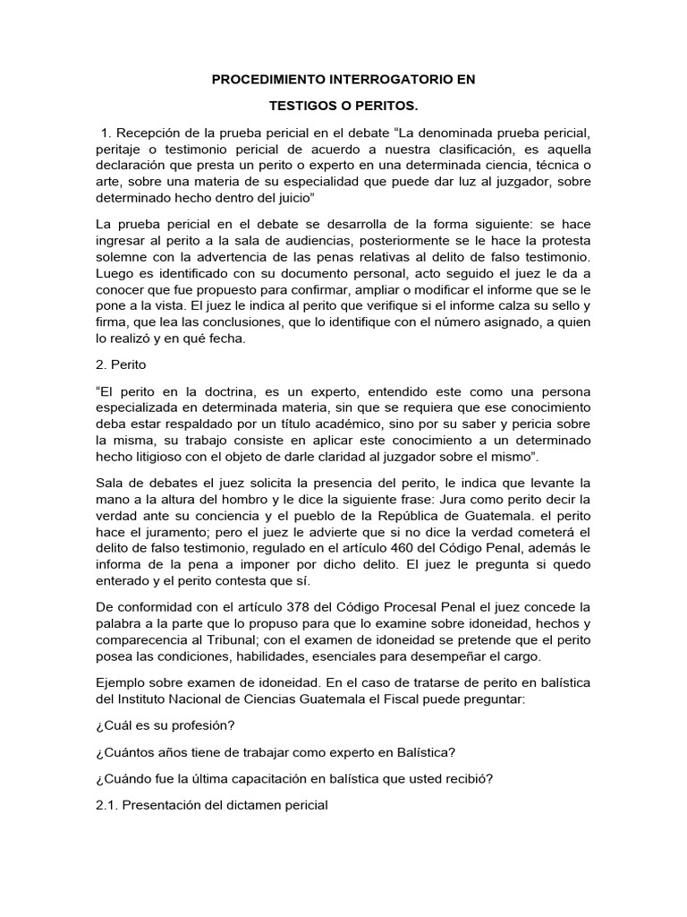 Procedimiento Interrogatorio en Testigos y Peritos | PDF | Testigo ...