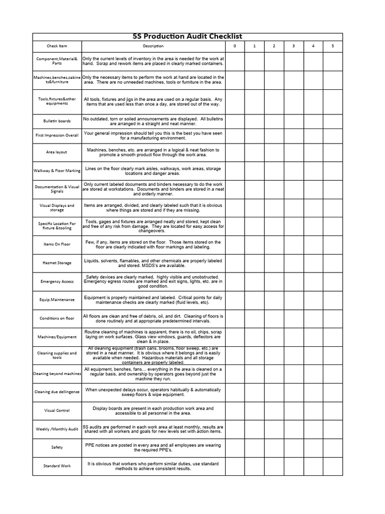 5S Production Audit Checklist | PDF | Valve | Personal Protective Equipment