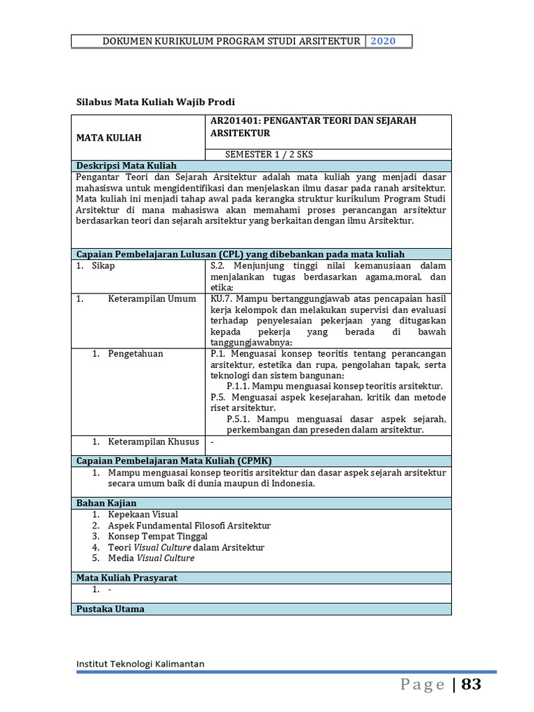 Silabus Mata Kuliah Program Studi Arsitektur | PDF | Seni