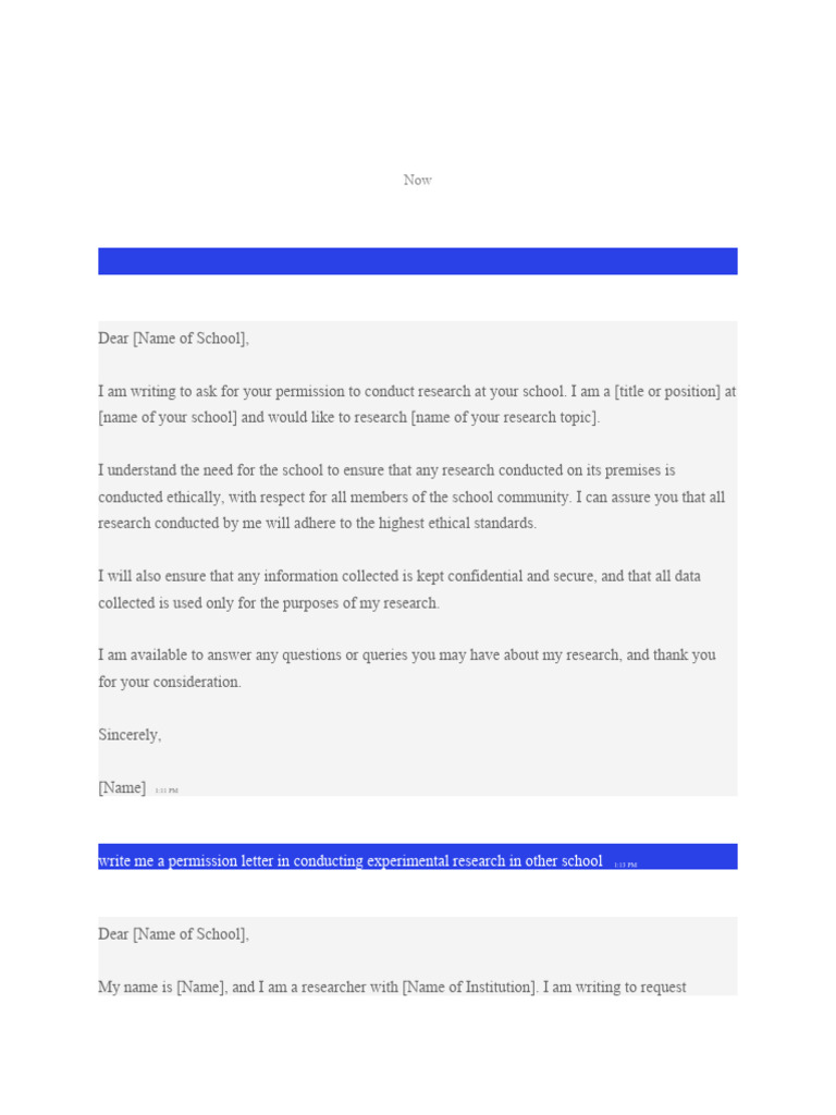 Write Me A Permission Letter in Conducting Experimental Research in ...