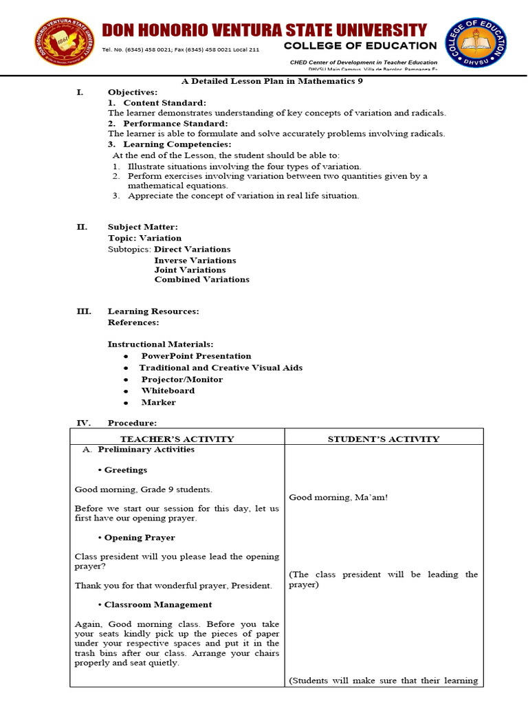 A Detailed Lesson Plan in Mathematics 9 4 | PDF | Variable (Mathematics) | Mathematics