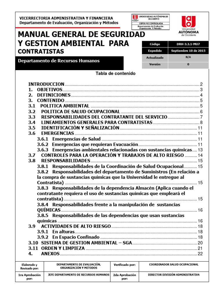 DRH 331 Mu7 Manual General de Seguridad y Gestion Ambiental para Contratistas | PDF | Seguridad ...