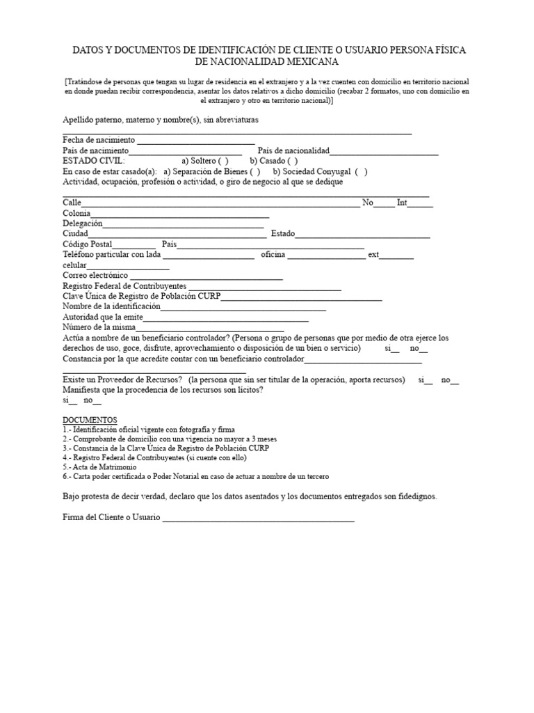 F6 Formato de Datos de Identificación de Persona Física Mexicana | PDF