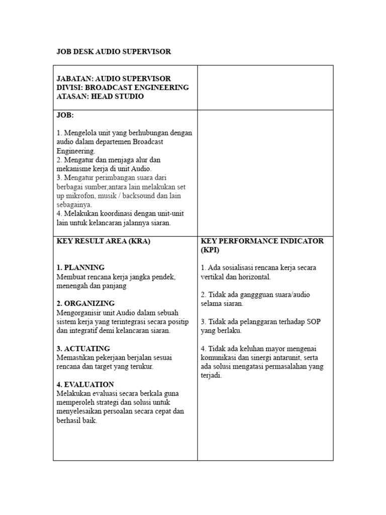 Tugas dan Tanggung Jawab Audio Supervisor | PDF