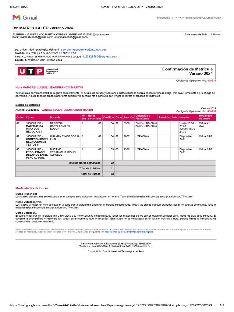 Gmail - RV - MATRÍCULA UTP - Verano 2024 | PDF