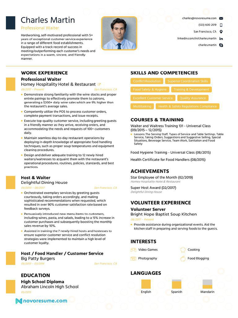 Professional Waiter - Waitress Modern Resume Example | PDF