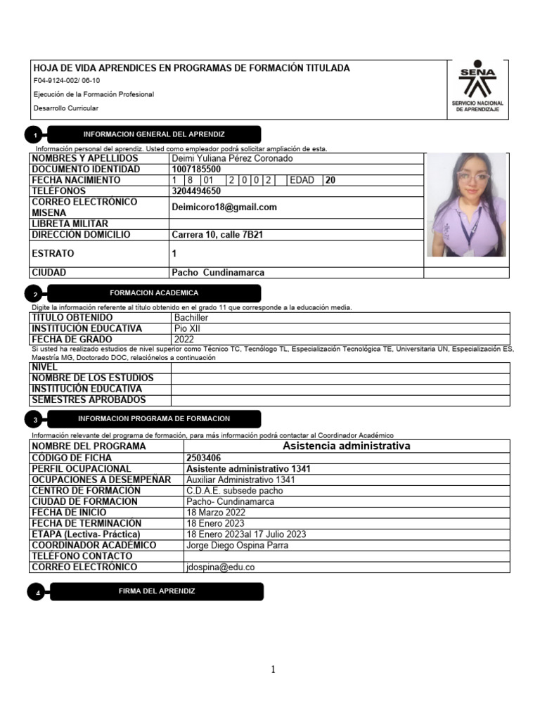 Hoja de Vida Aprendices en Programas de Formación Titulada | PDF
