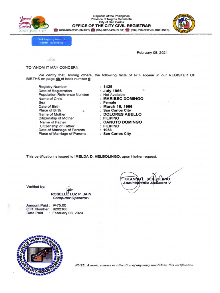 Civil Registry Form 1 A | PDF