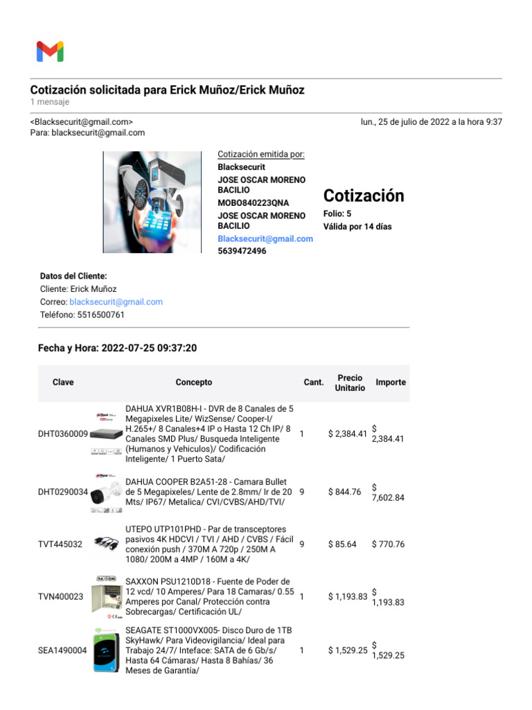 Cotización Solicitada para Erick Muñoz - Erick Muñoz | PDF