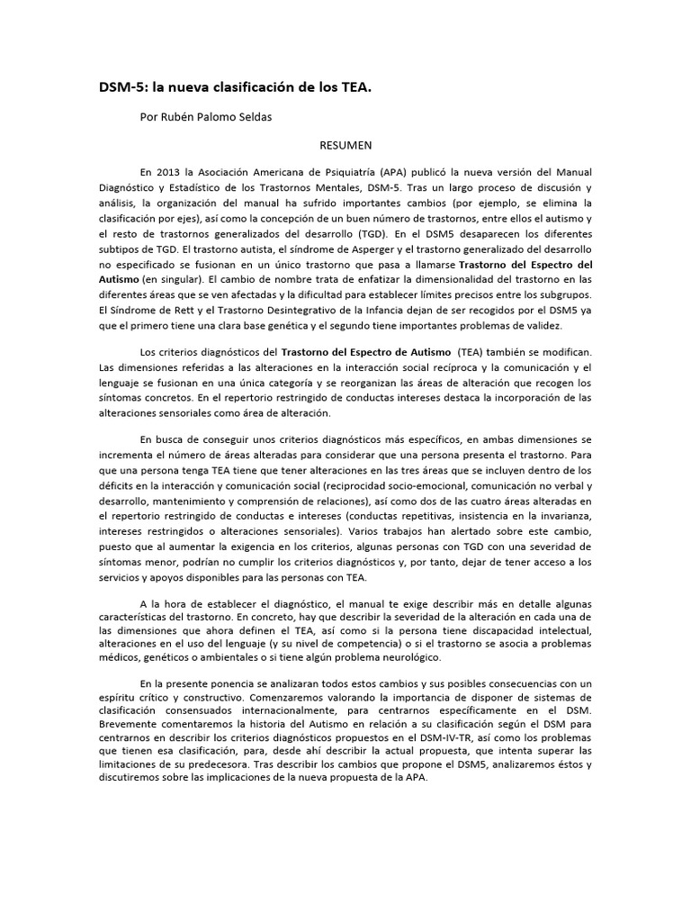 DSM-5 - La Nueva Clasificación de Los TEA | PDF | Autismo | Manual Diagnóstico y Estadístico de ...