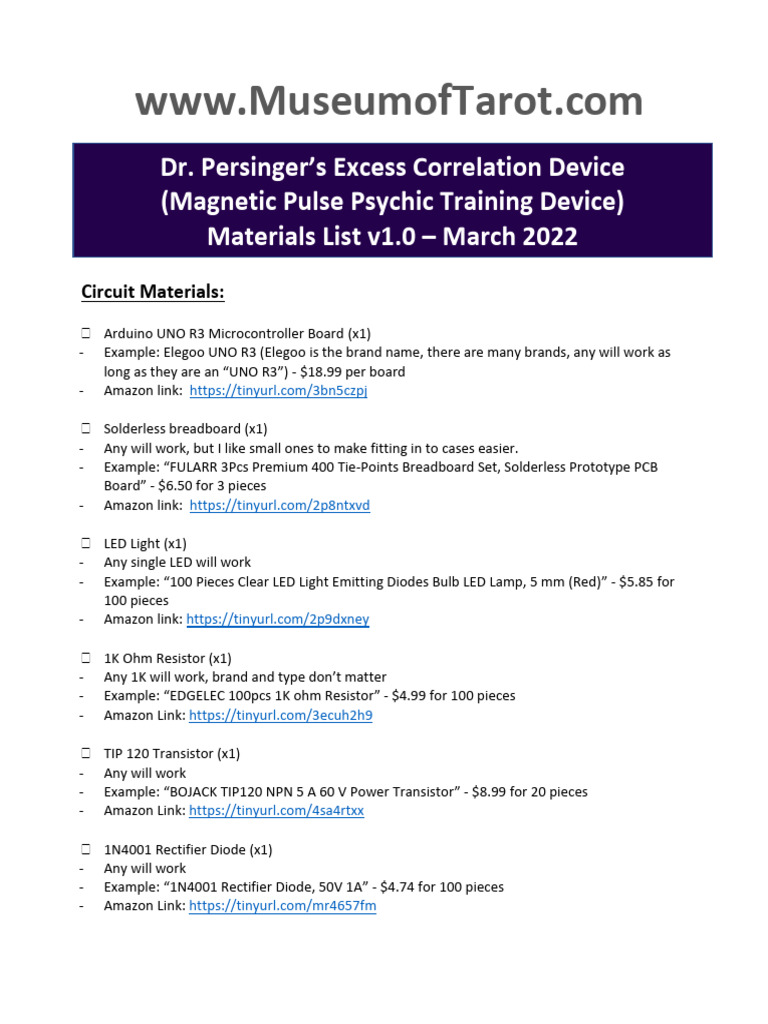 Excess Correlation Device - Materials List v1.0 | PDF | Wire ...