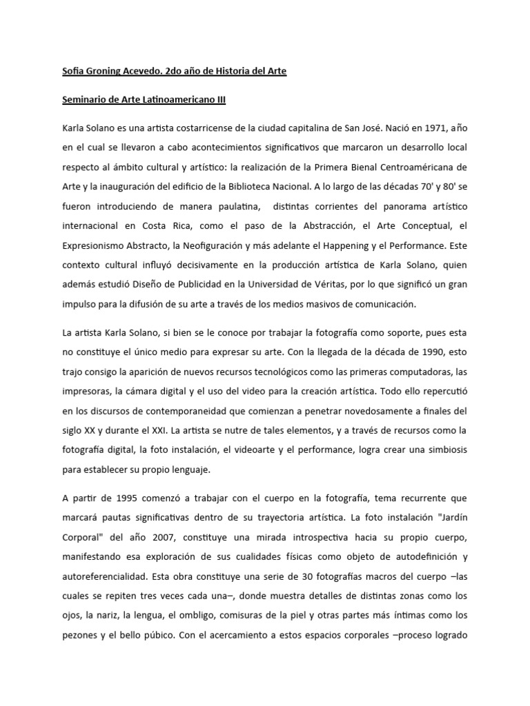 Seminario de Arte Latinoamericano. Obra de la fotógrafa Karla Solano | PDF | Arte de performance