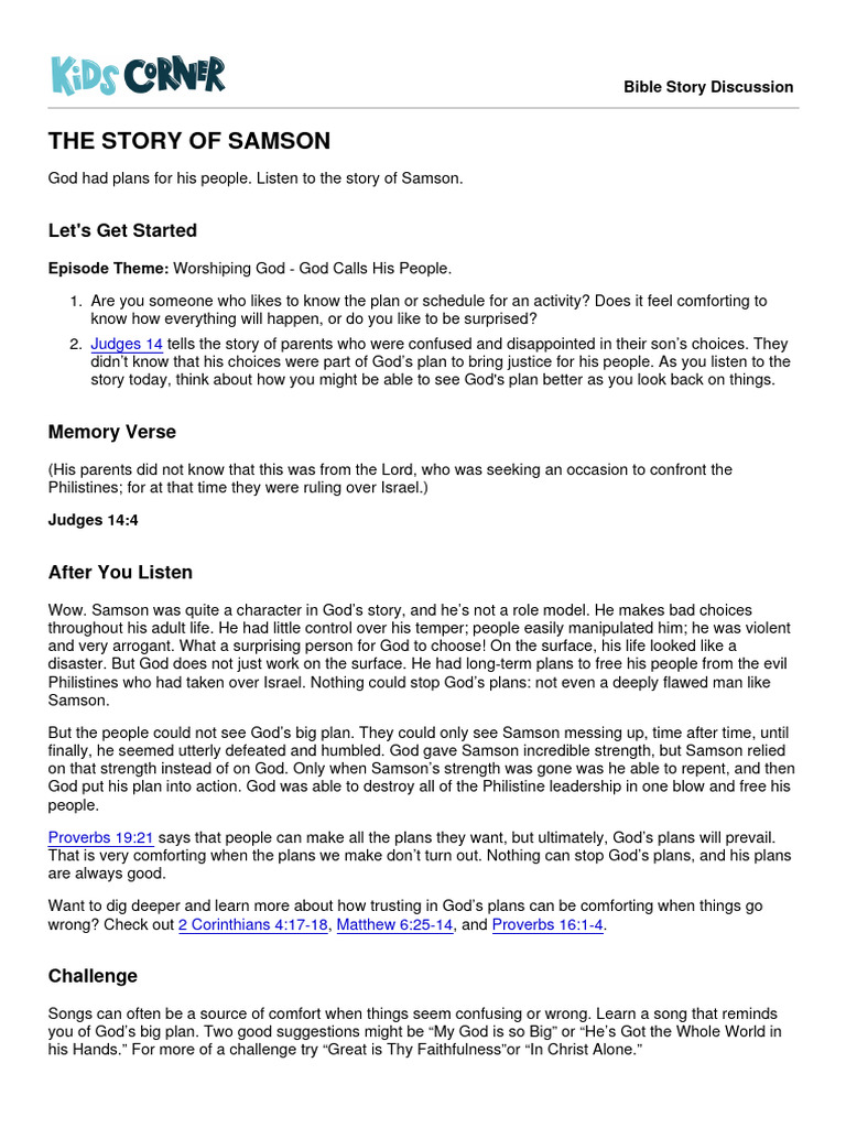 Kids Corner The Story of Samson Bible Story Discussion | PDF | Samson ...