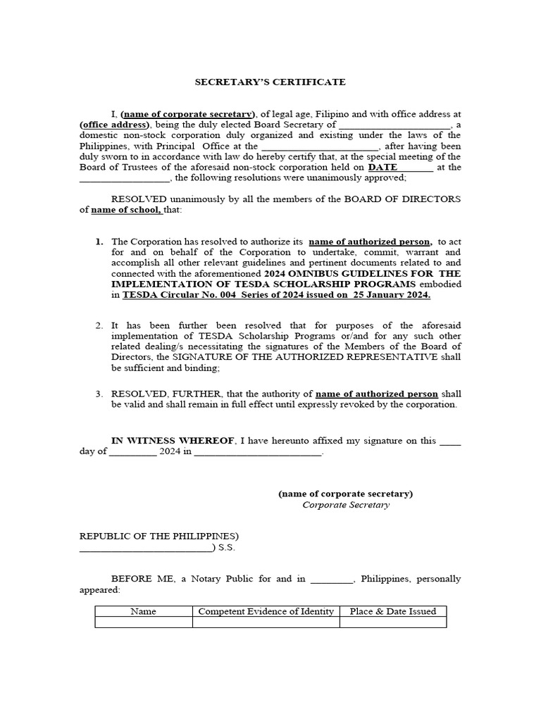 2024 Secretarys Certificate | PDF | Civil Law (Common Law) | Legal Documents