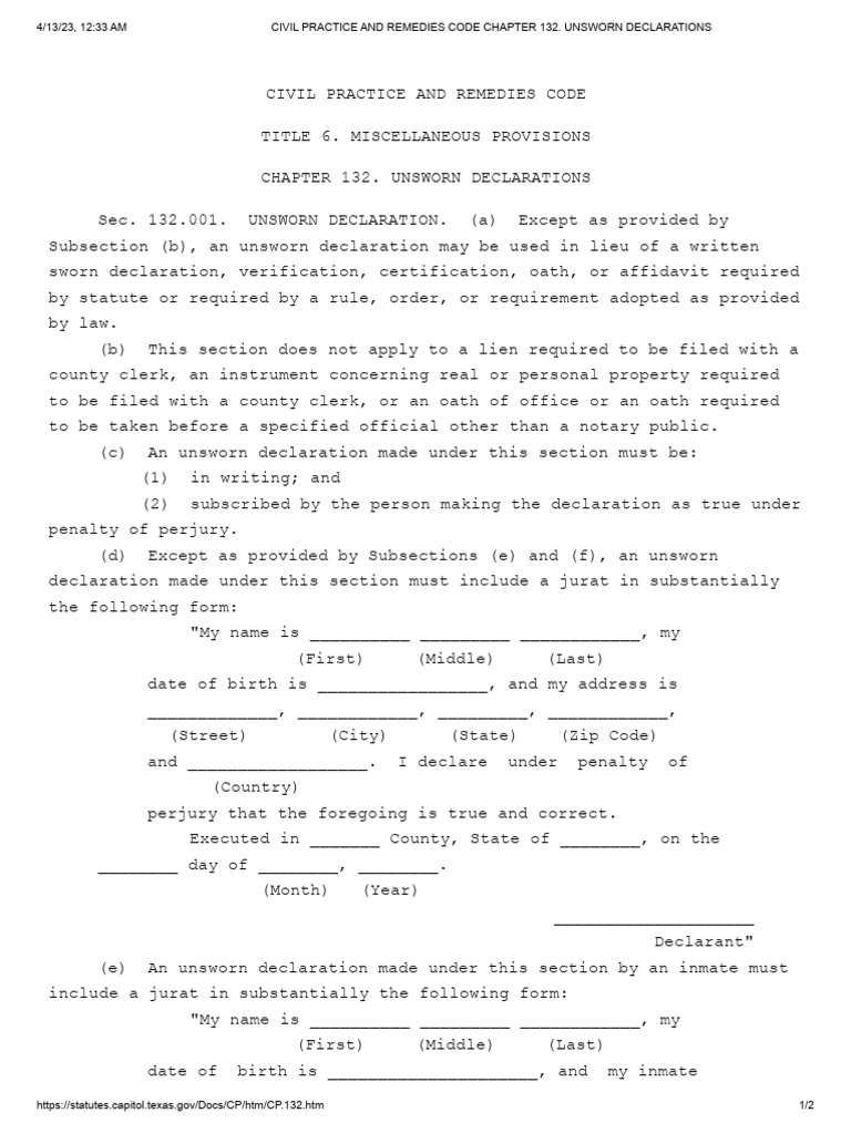 Civil Practice and Remedies Code Chapter 132. Unsworn Declarations ...