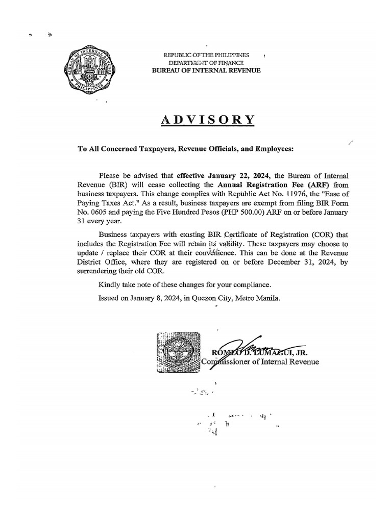 Advisory - Arf No More Arf Starting 2024 | PDF