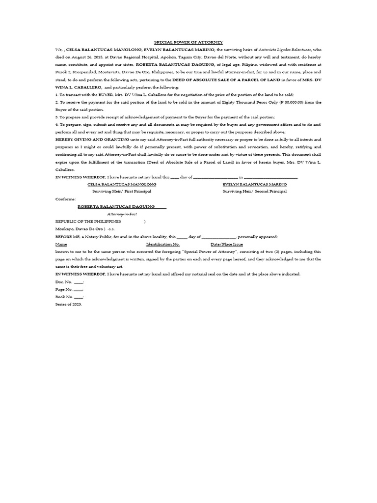 Special Power of Attorney (Roberta) | PDF | Power Of Attorney | Civil ...
