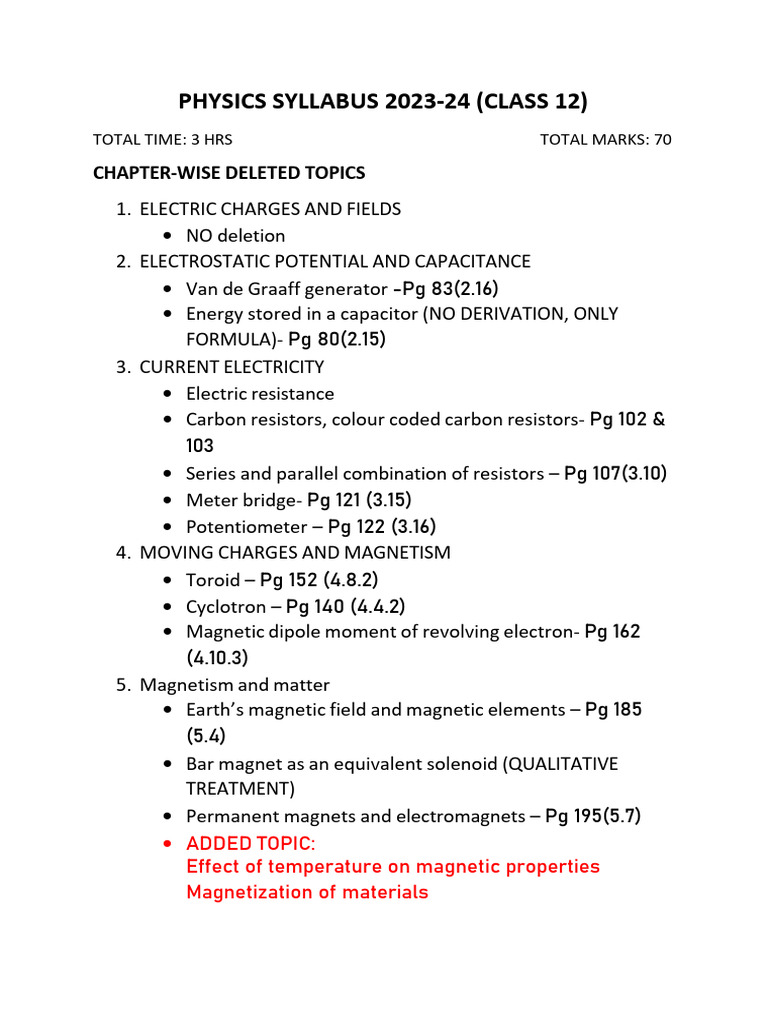 Physics Syllabus 2023-24 | PDF | Magnetic Field | Electricity
